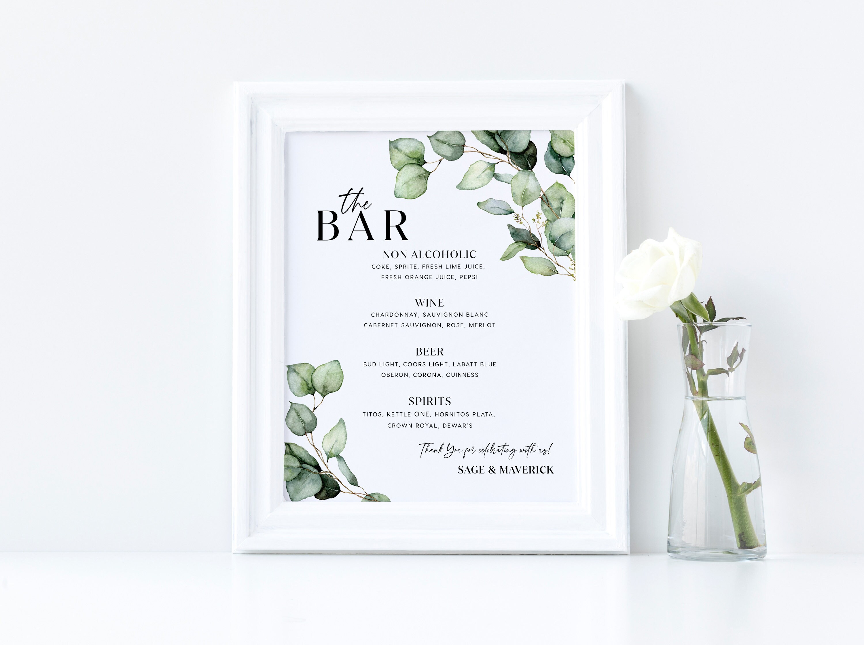 Bar Sign Template Greenery Bar Menu Sign Sage Flora Wedding - Etsy