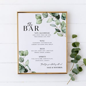 Bar Sign Template, Greenery Bar Menu Sign, Sage Flora Wedding Sign ...
