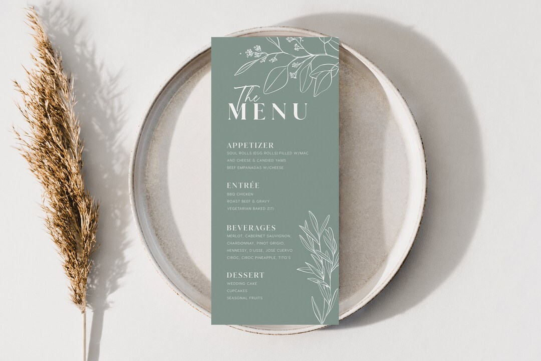 Sage Menu Cards, Flora Wedding Menu, Wedding Menu Template, Botanical ...