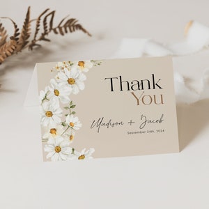 Thank You Card, Daisy Floral Thank You Card, Beige Thank You Card ...