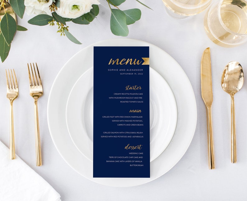 Navy Menu Template Wedding Dinner Menu Navy Gold Menu DIY - Etsy
