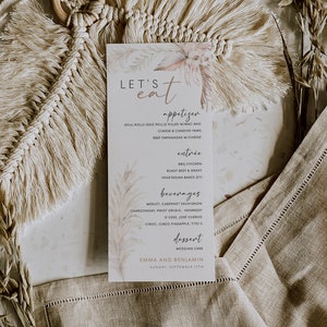 Menu Template, Pampas Grass Menu, Wedding Pampas Grass Décor, Boho ...