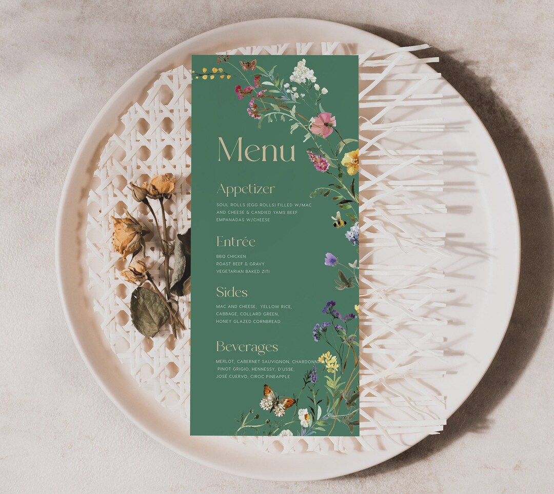 Boho Menu Template, Green Wedding Menu, Floral Menu Template #emeraldis ...