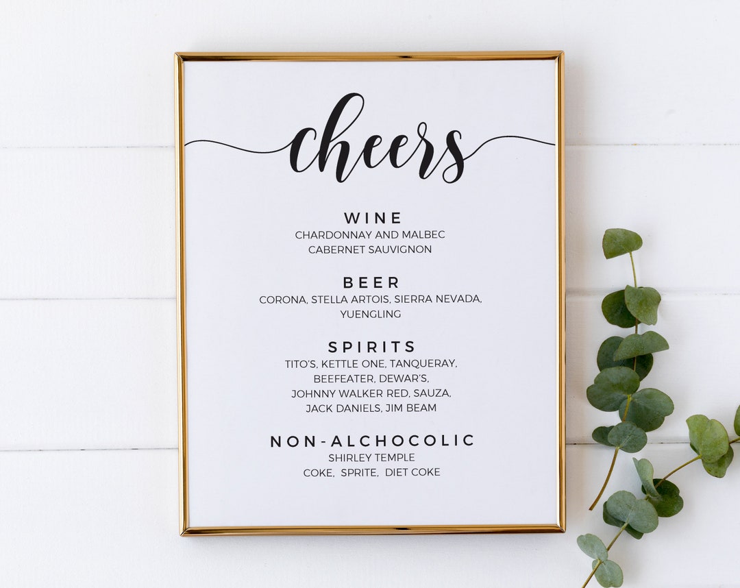 Cheers Sign Template, Wedding Cheers Sign, Bar Menu Sign, Open Bar Sign ...