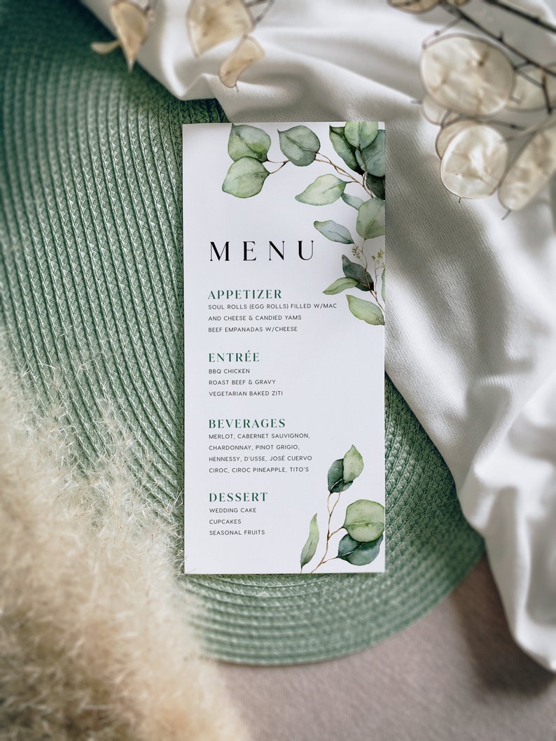Greenery Floral Menu Template Eucalyptus Wedding Menu Floral - Etsy