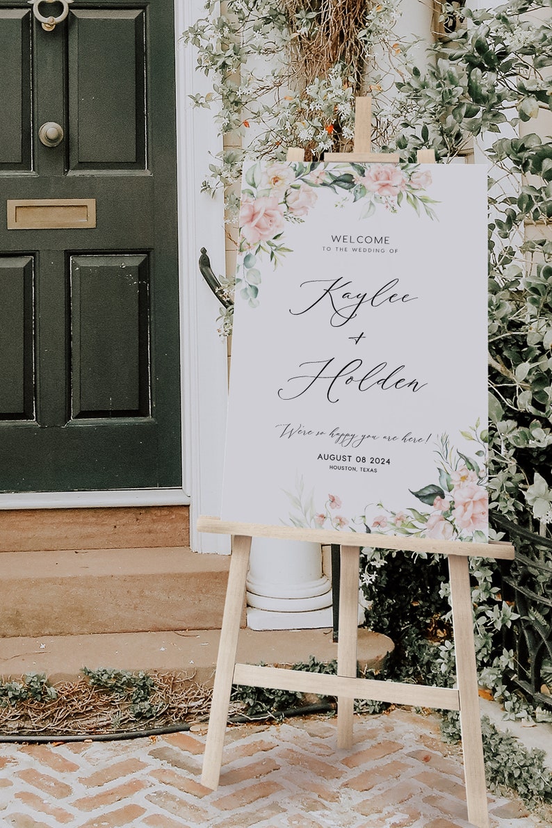 Wedding Welcome Sign With Flower Roses and Greenery Floral - Etsy