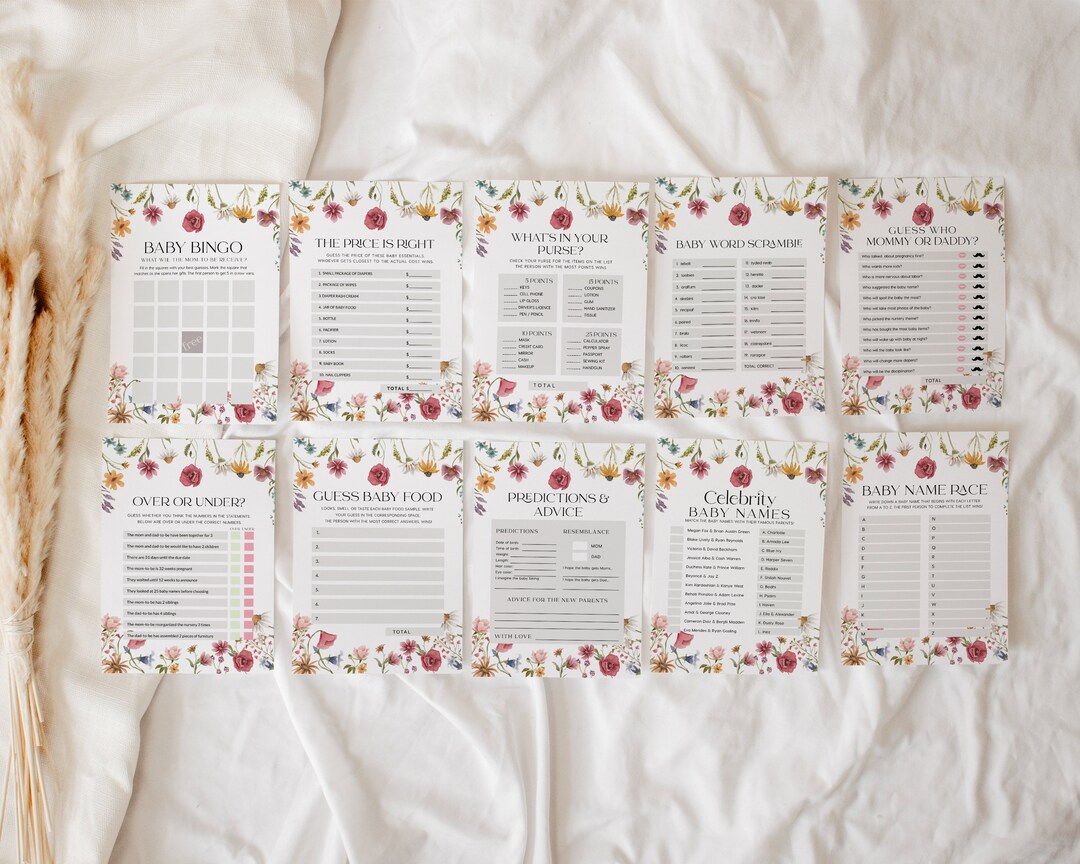 Floral Baby Shower Games Bundle, Games Bundle Templates, Colorful Baby ...