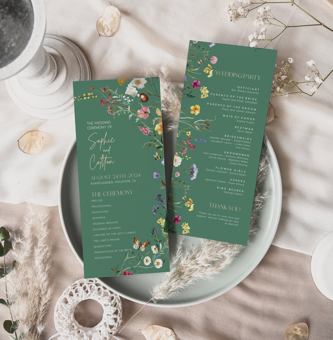Green Wedding Program Template, Wedding Order of Service Template ...