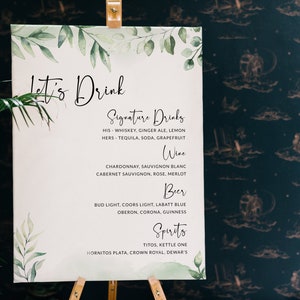 Bar Menu Sign, Large Bar Menu Template, Let's Drink Sign , Greenery Bar ...