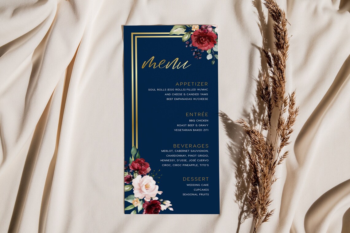 Navy Gold Menu Wedding Menu Template Boho Wedding Menu Navy - Etsy