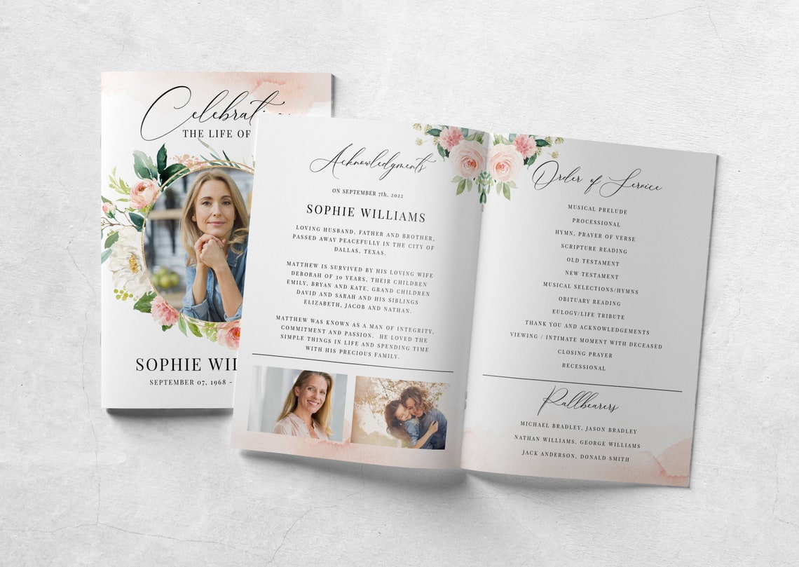 Funeral Program Template for Women With Blush Watercolor | Etsy
