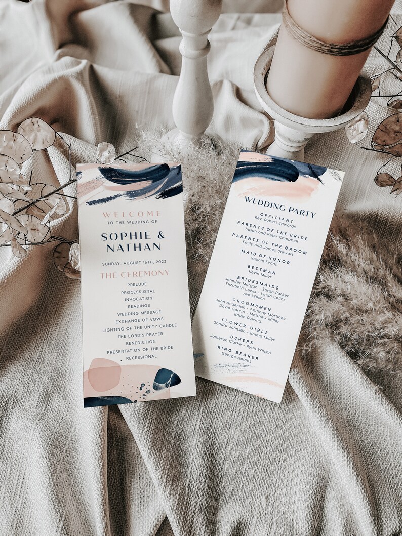 Wedding Program Template Navy Blush Program Cards Editable - Etsy