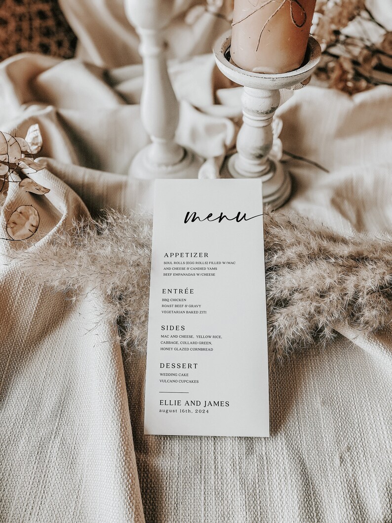 Menu Cards Template Minimalist Wedding Menu Template Modern - Etsy
