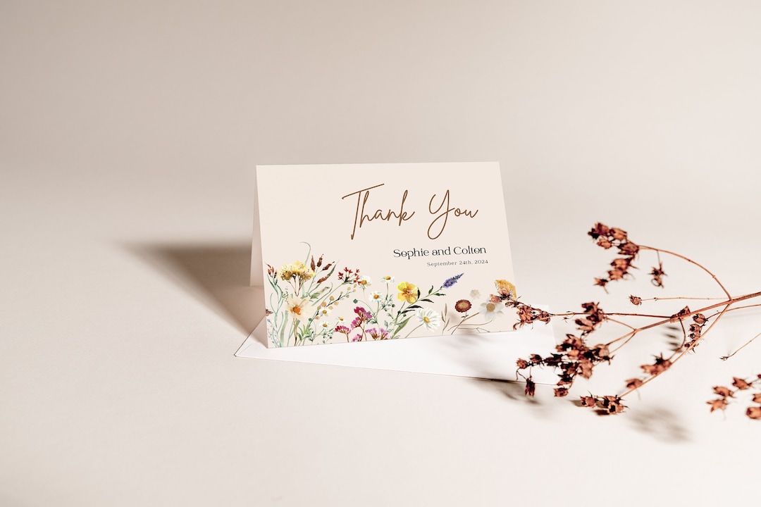 Thank You Card Template, Boho Beige Thank You Cards, Wildflower Floral ...