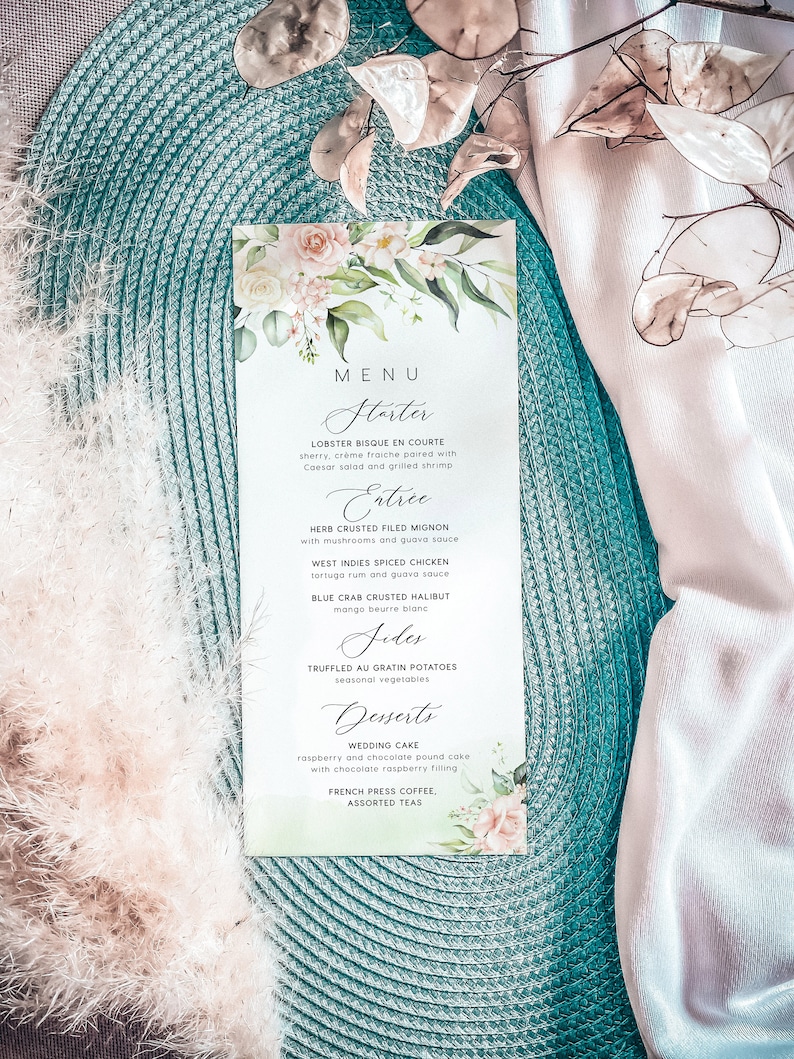 Floral Menu Template Wedding Menu Cards Blush Flowers and - Etsy