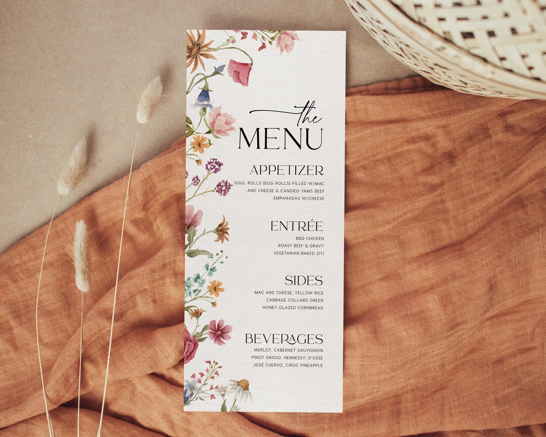 Wedding Menu Template, Colorful Floral Menu Cards, Boho Wildflower Menu ...