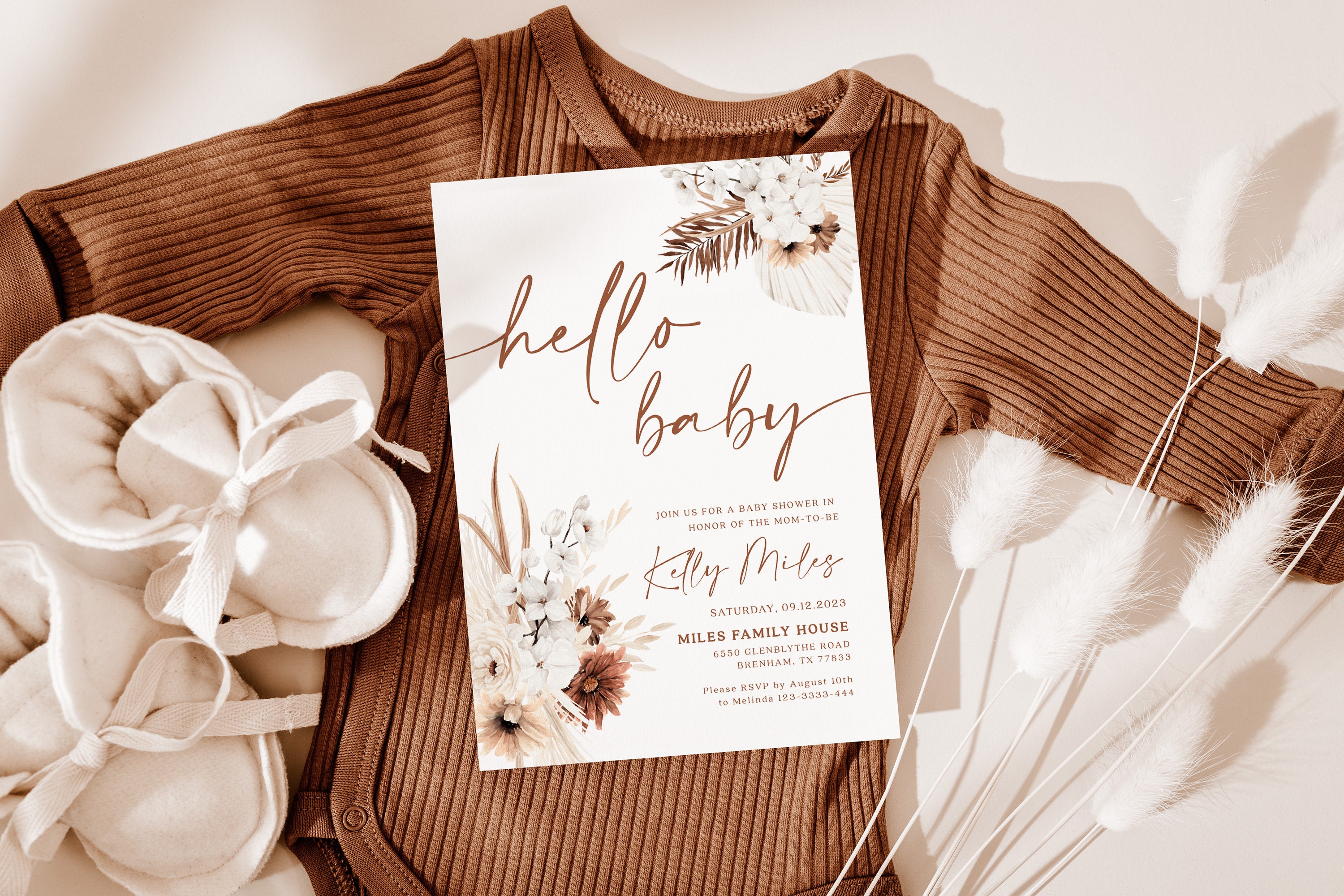 Hello Baby Invitation Baby Shower Invitation Template Pampas - Etsy