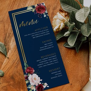 Navy Gold Menu, Wedding Menu Template, Boho Wedding Menu, Navy Menu ...