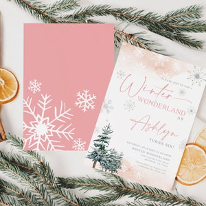 Pink Birthday Invitation, Winter Birthday Invitation Template, Winter ...
