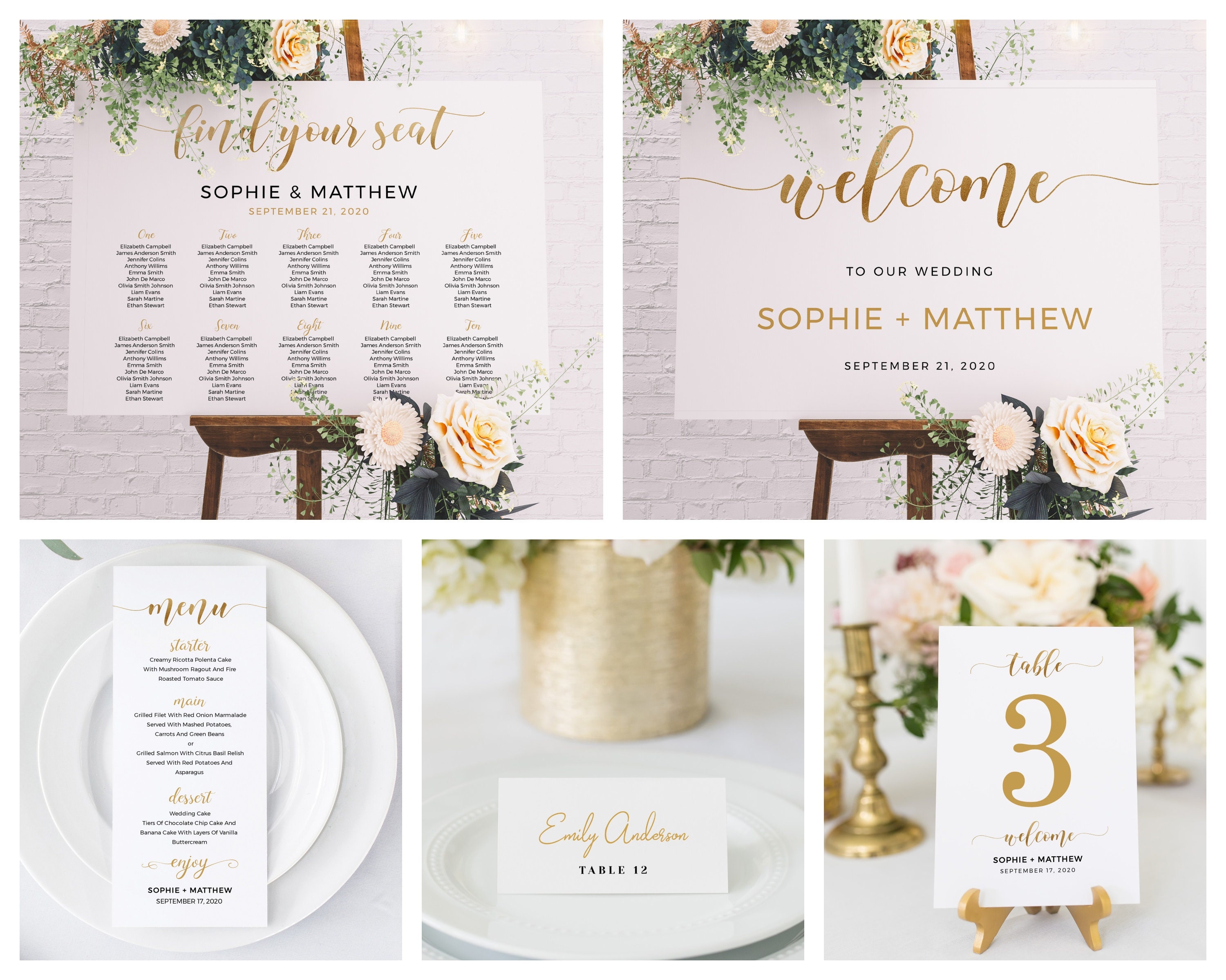 Gold wedding bundle Seating chart template Welcome sign | Etsy
