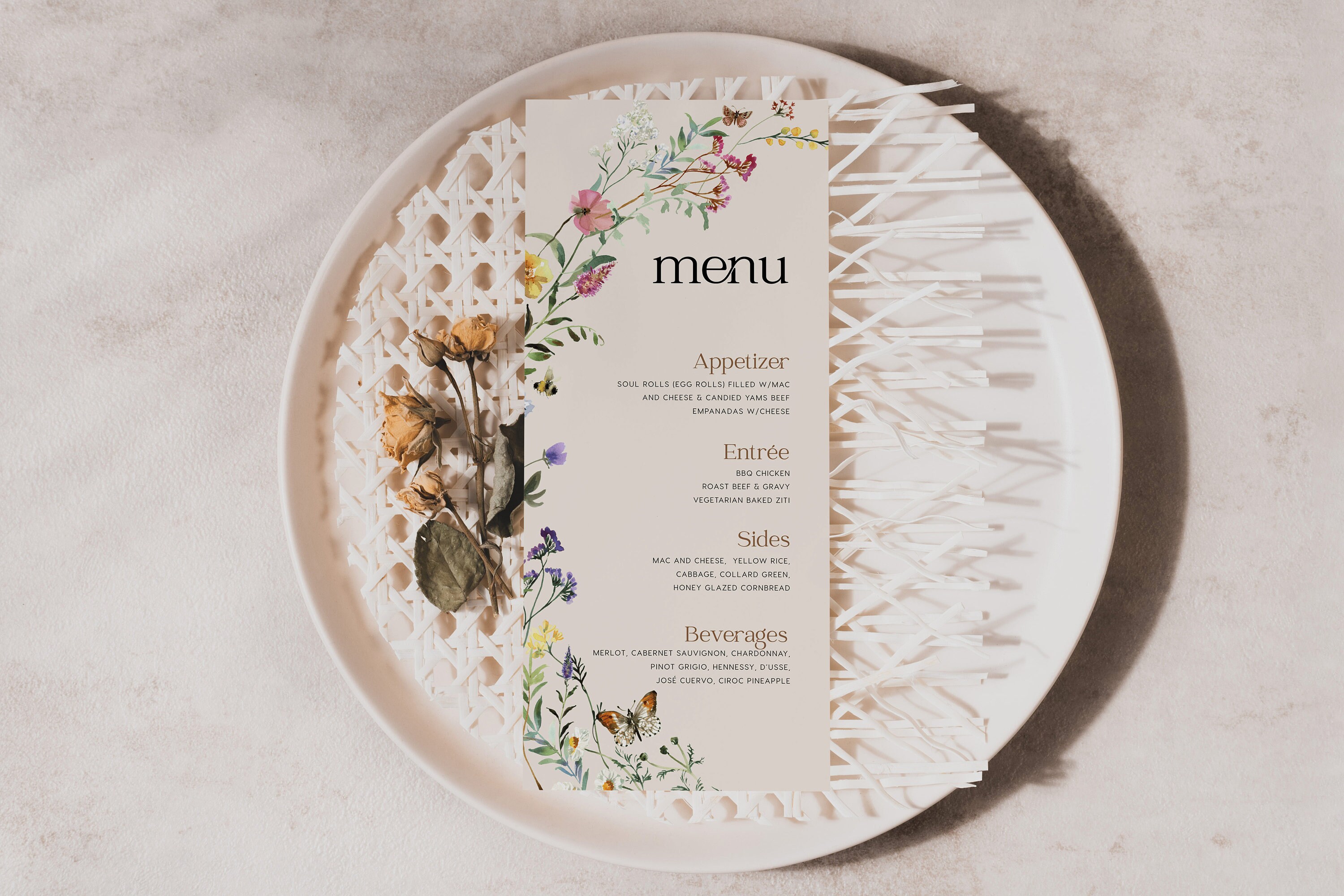 Menu Card Wedding Menu Cards Template Beige Wildflower Menu - Etsy UK