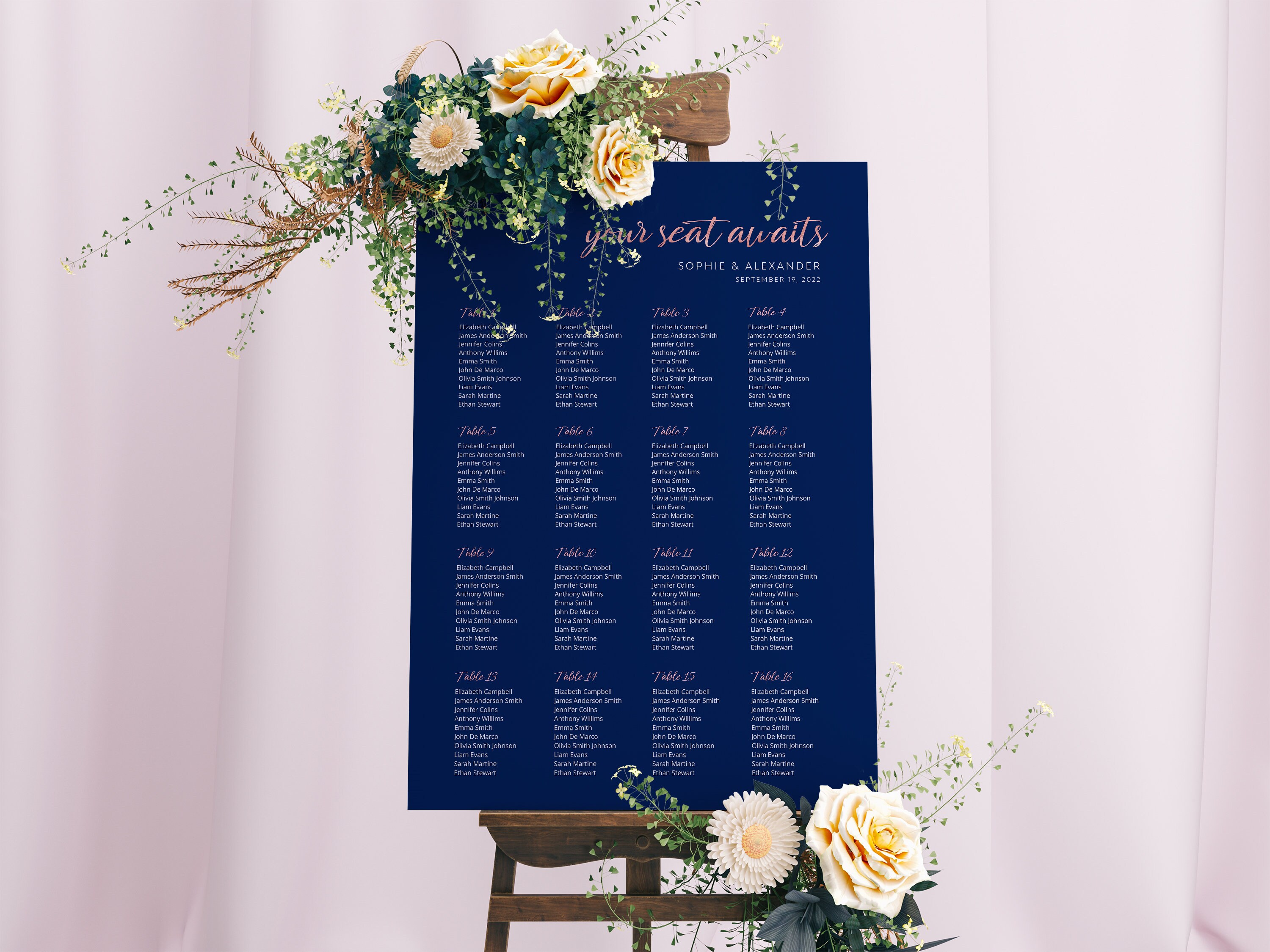 Navy Rose Gold Seating Chart Wedding Seating Plan Template | Etsy