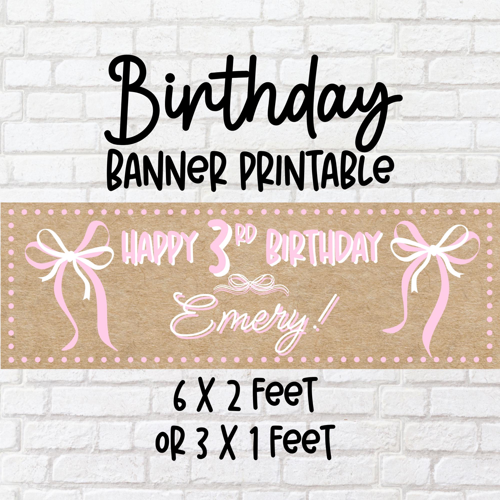 Pink Bow Birthday Banner Printable Customizable 6x2 or 3x1 Feet - Etsy