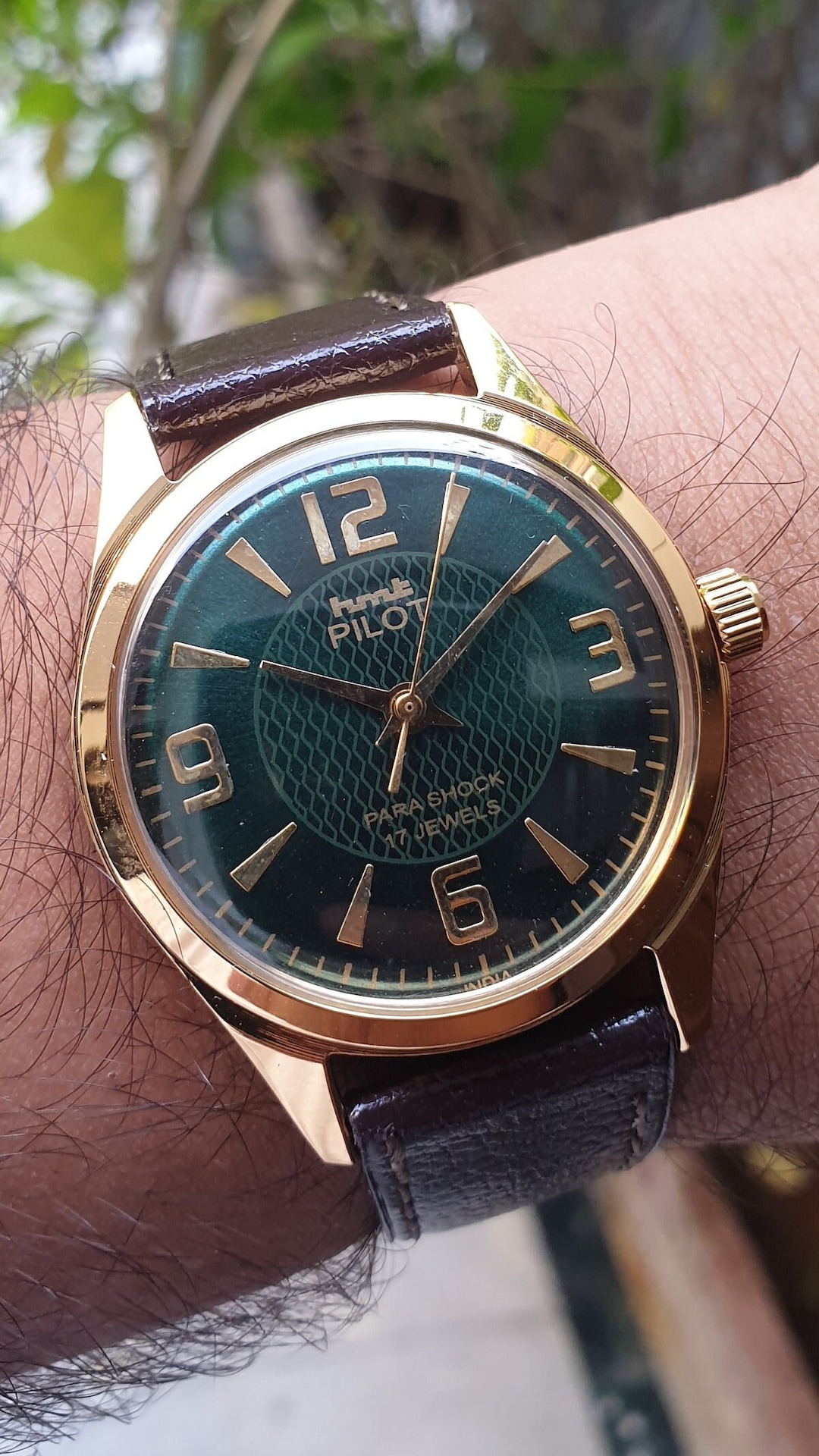 Vintage HMT Pilot Green Dial Gold Plated Hand Winding 17 Jewels Mens ...