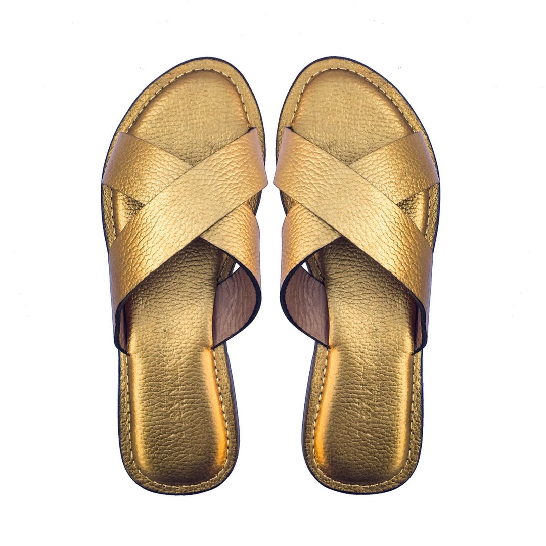UGONNA Female Leather Criss-cross Slippers in Gold - Etsy
