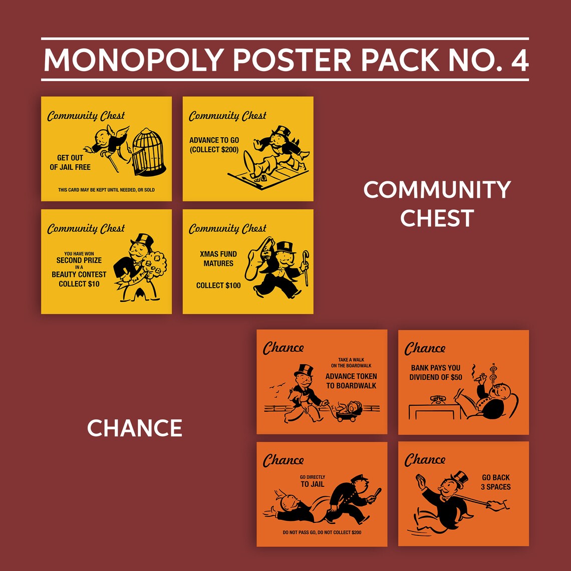 Monopoly Chance & Community Chest Prints, Monopoly Card Posters ...