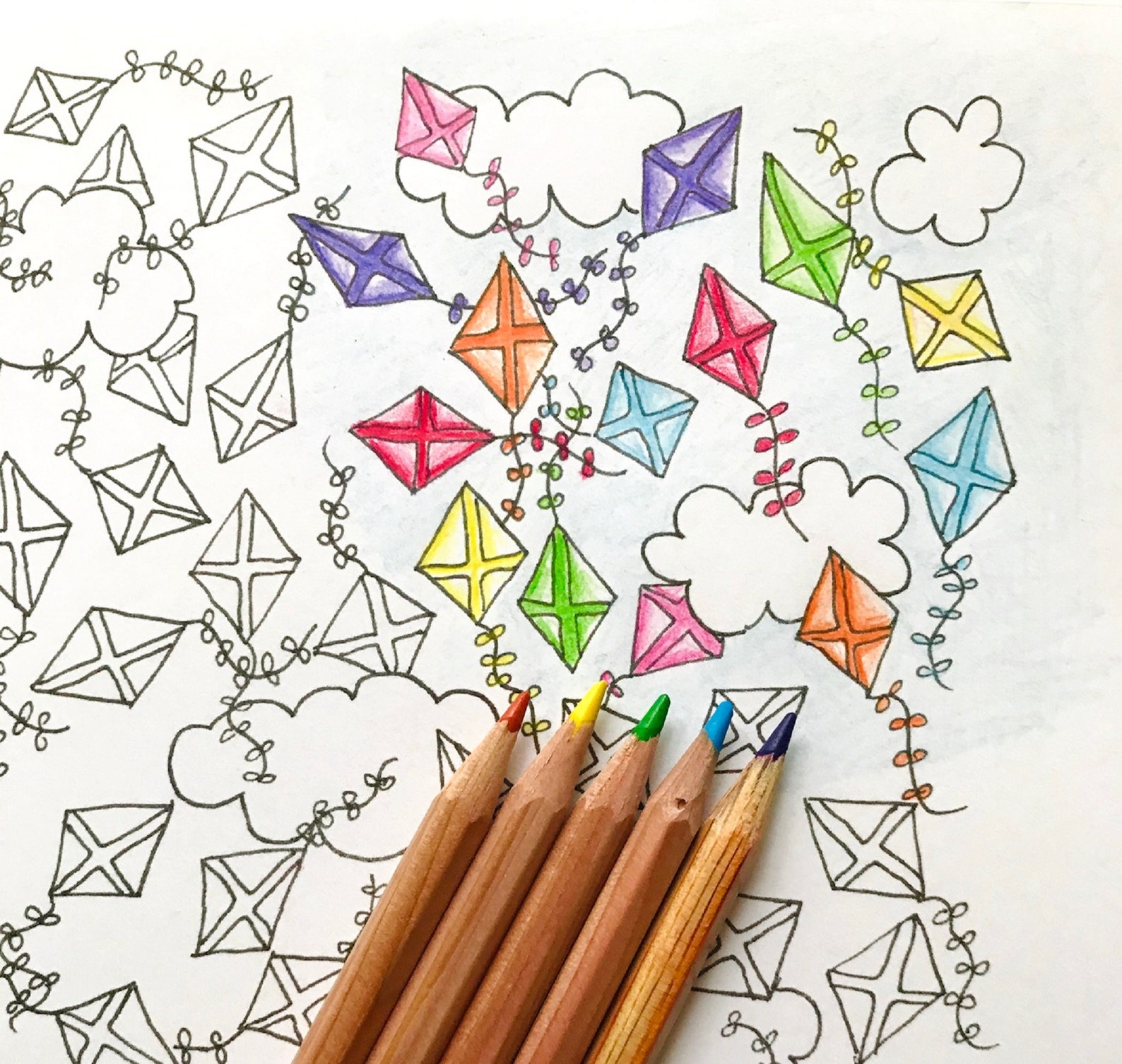 Adult Coloring Page Kites Color Collage Pen Ink | Printable Download ...