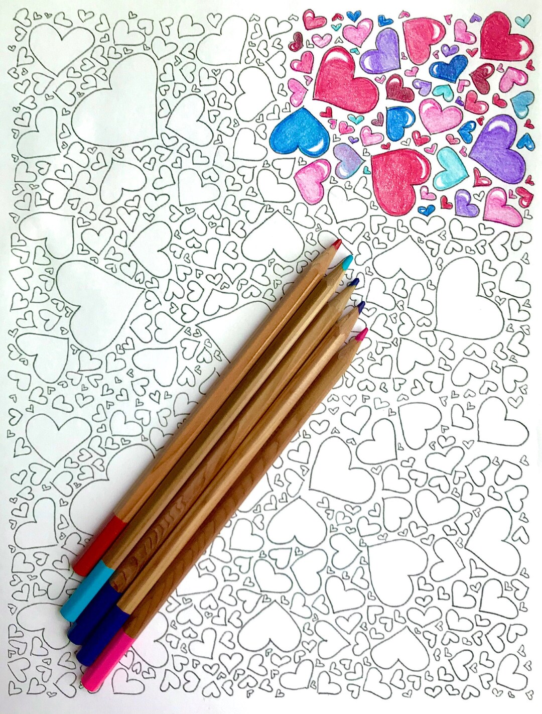 Adult Coloring Page Hearts Color Collage Pen Ink Printable Download JPG ...