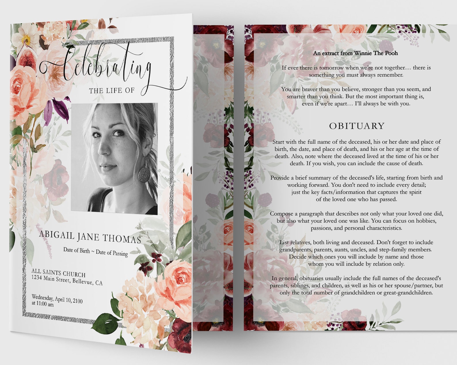 Floral Funeral Program Template EDITABLE Printable Memorial | Etsy