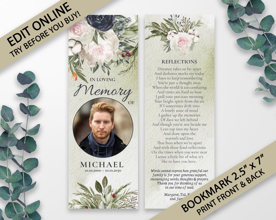 Funeral Bookmark Template, Printable Celebration of Life Bookmarks ...