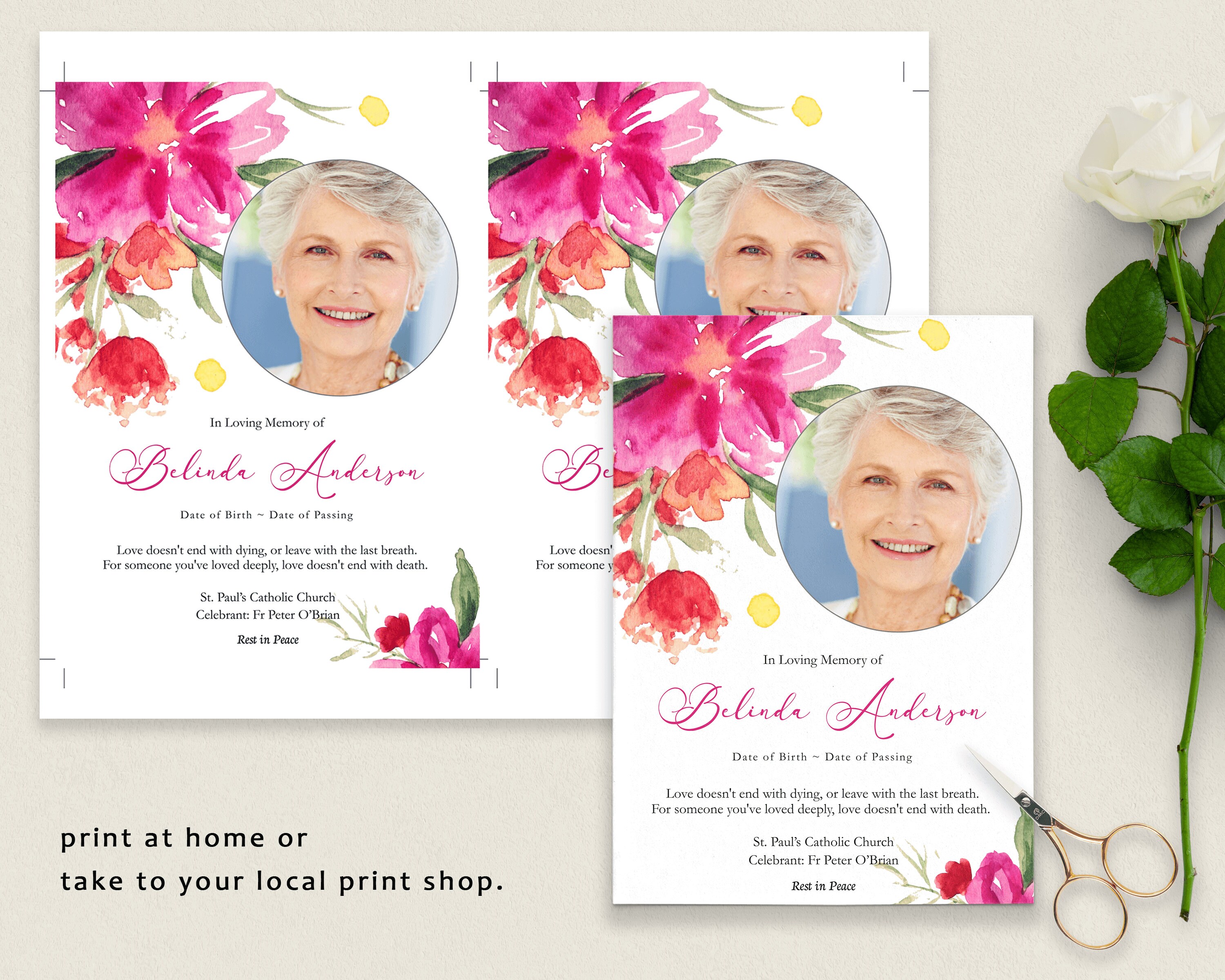 Funeral Program Template for Woman, Pink Blush Roses, Floral Memorial ...