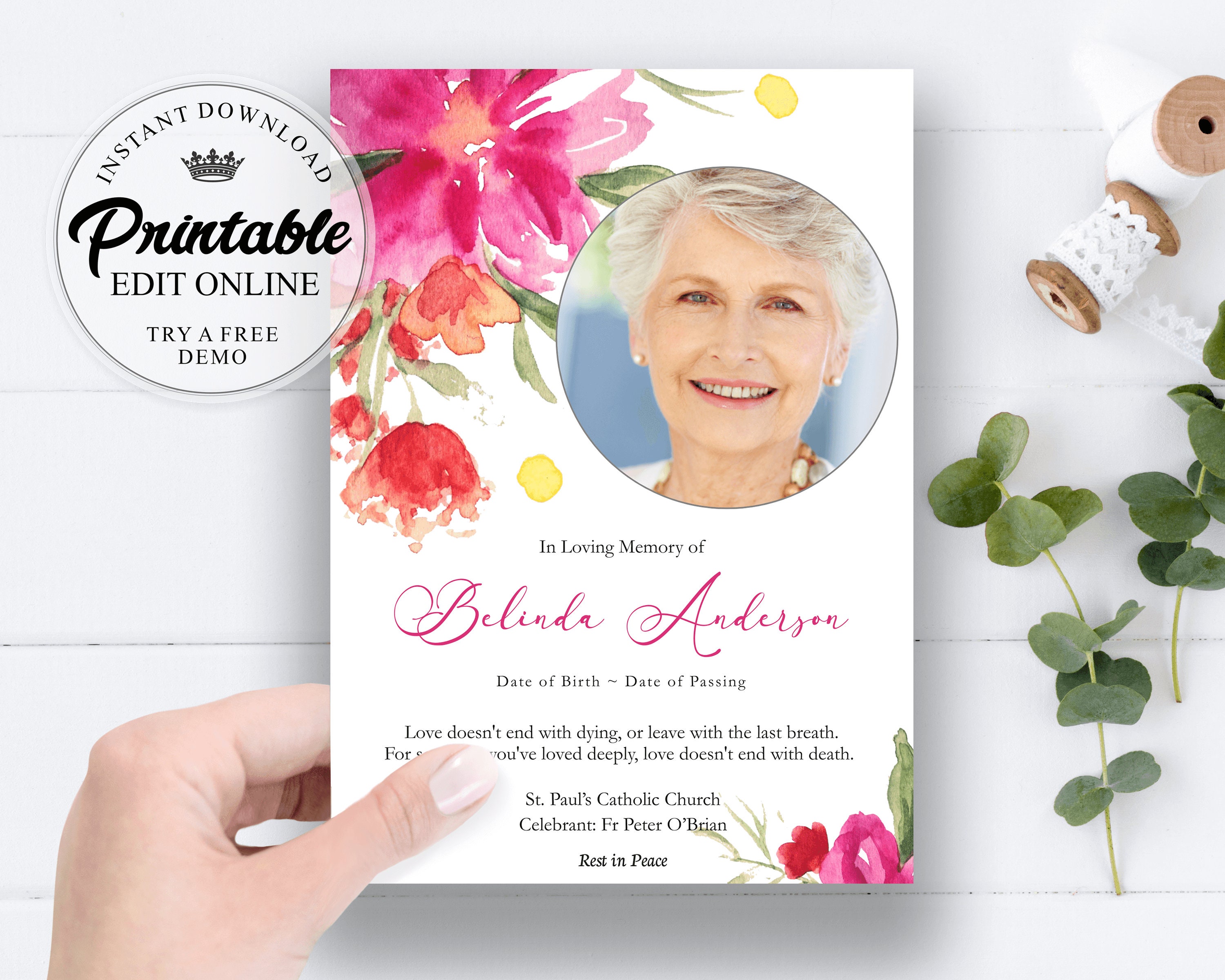 Funeral Program Template for Woman, Pink Blush Roses, Floral Memorial ...
