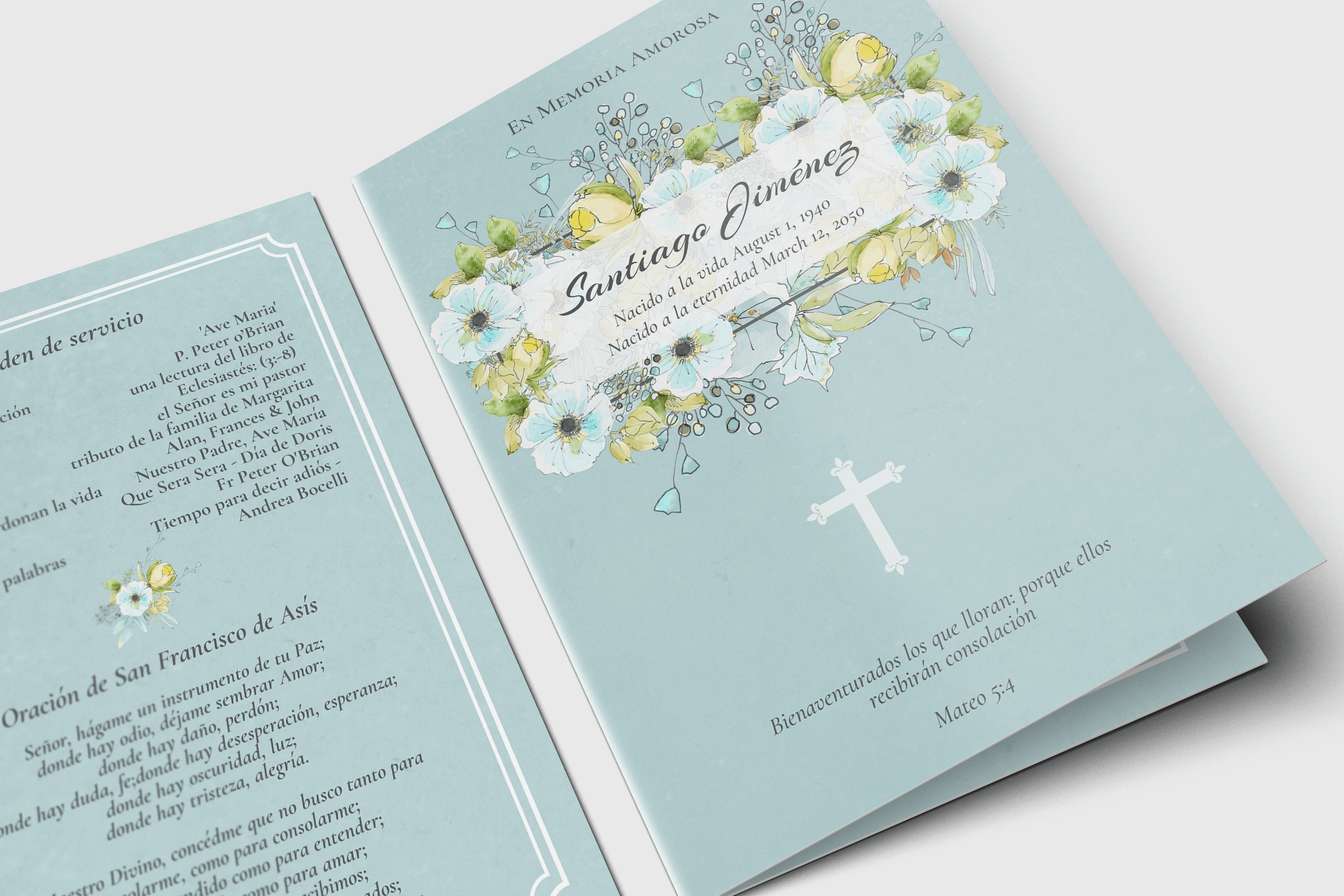 Spanish Funeral Program Template, Blue Floral, EDITABLE, Printable ...