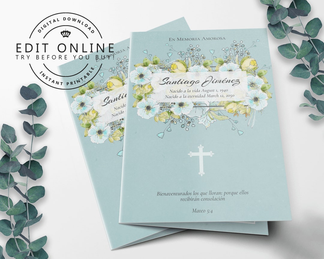 Spanish Funeral Program Template, Blue Floral, EDITABLE, Printable ...