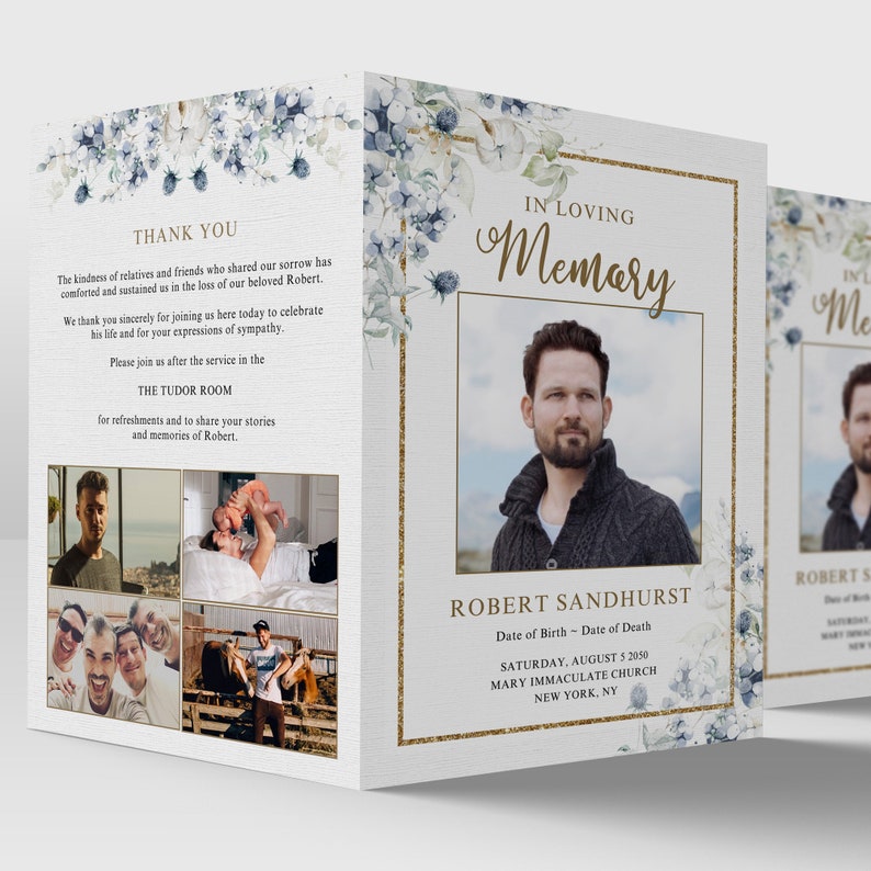 Blue Floral Funeral Program Template Bundle Editable Funeral - Etsy
