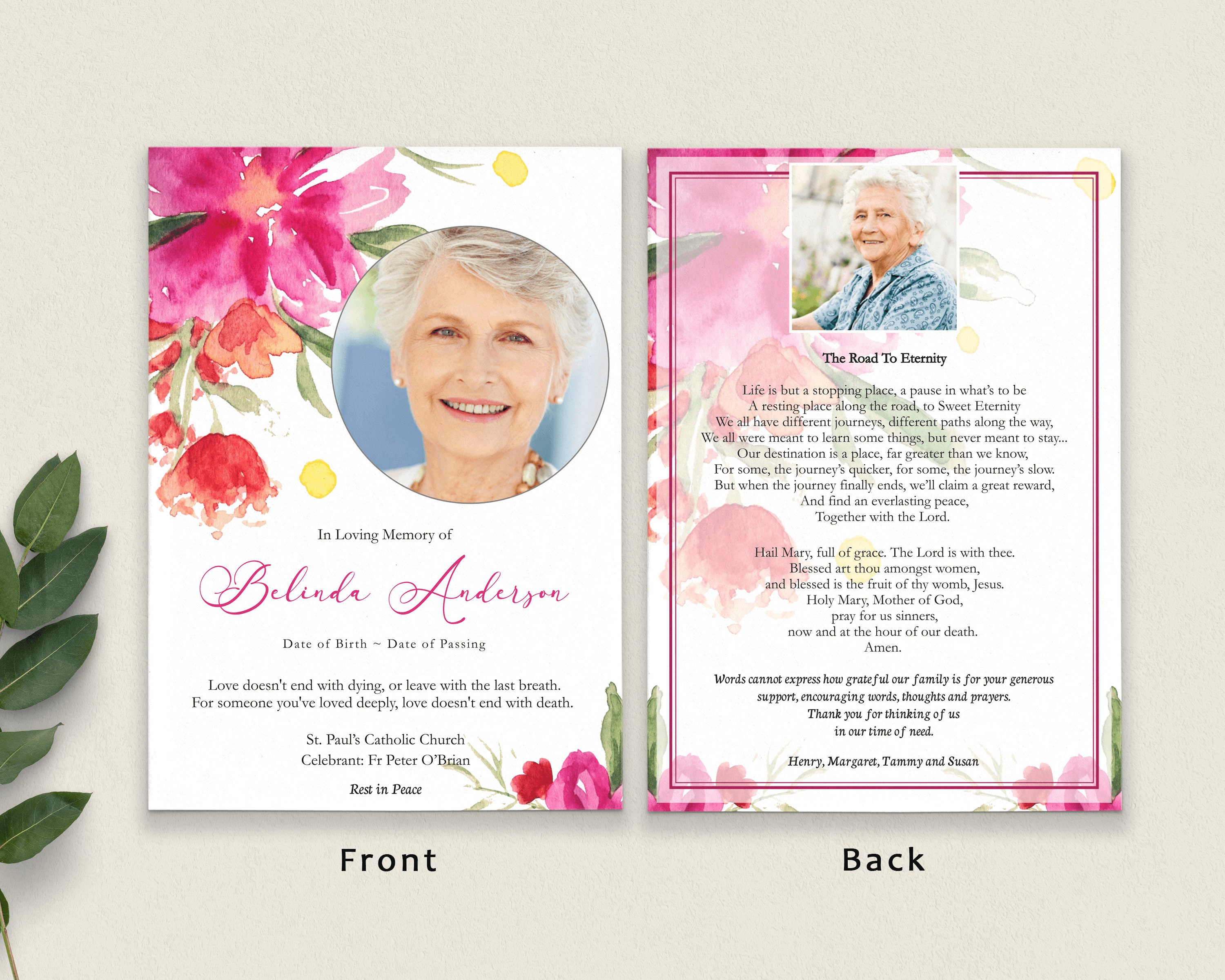Funeral Program Template for Woman, Pink Blush Roses, Floral Memorial ...