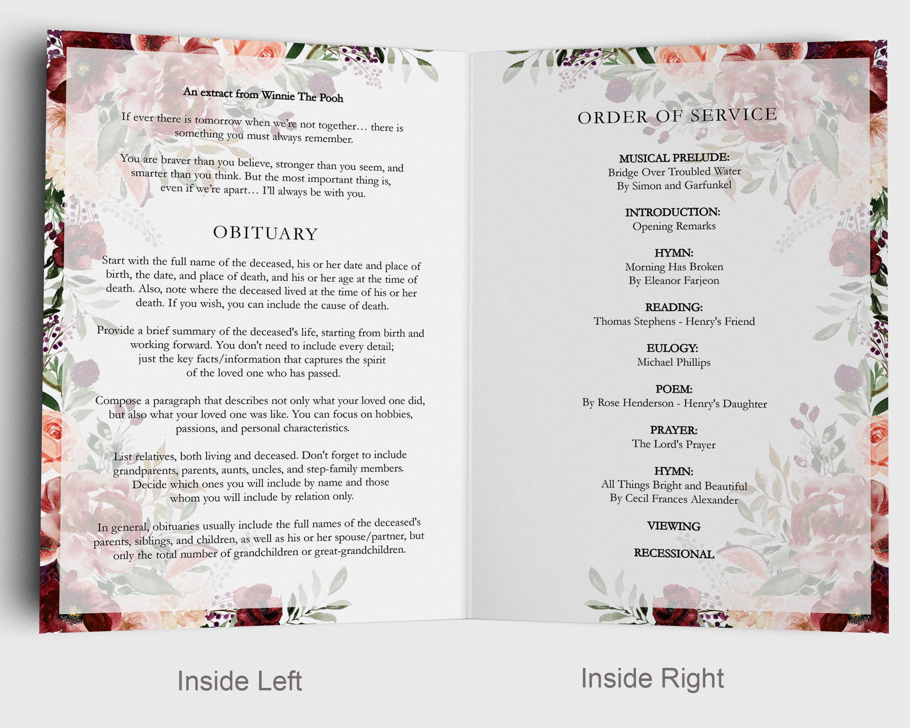 Floral Funeral Program Template EDITABLE Printable Memorial - Etsy