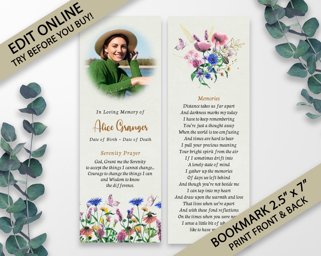 Funeral Bookmark Template, Printable Celebration of Life Bookmarks ...