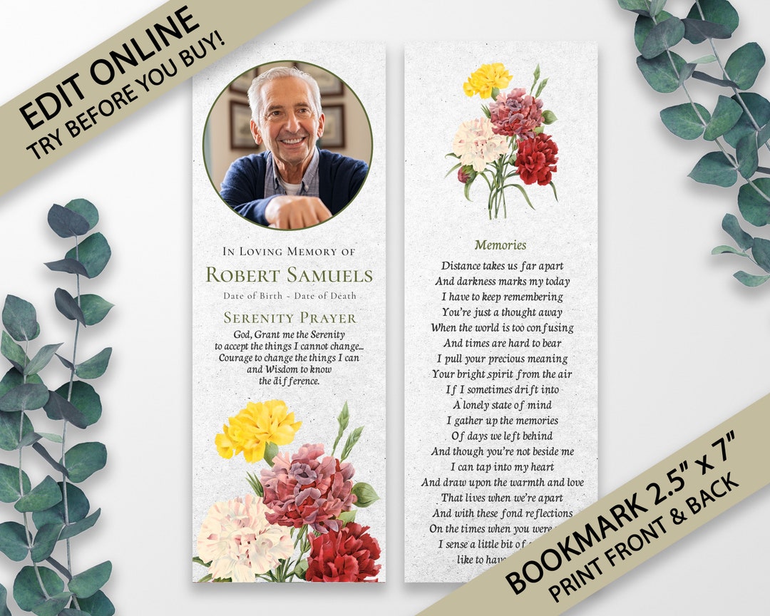 Funeral Bookmark Template, Printable Celebration of Life Bookmarks ...