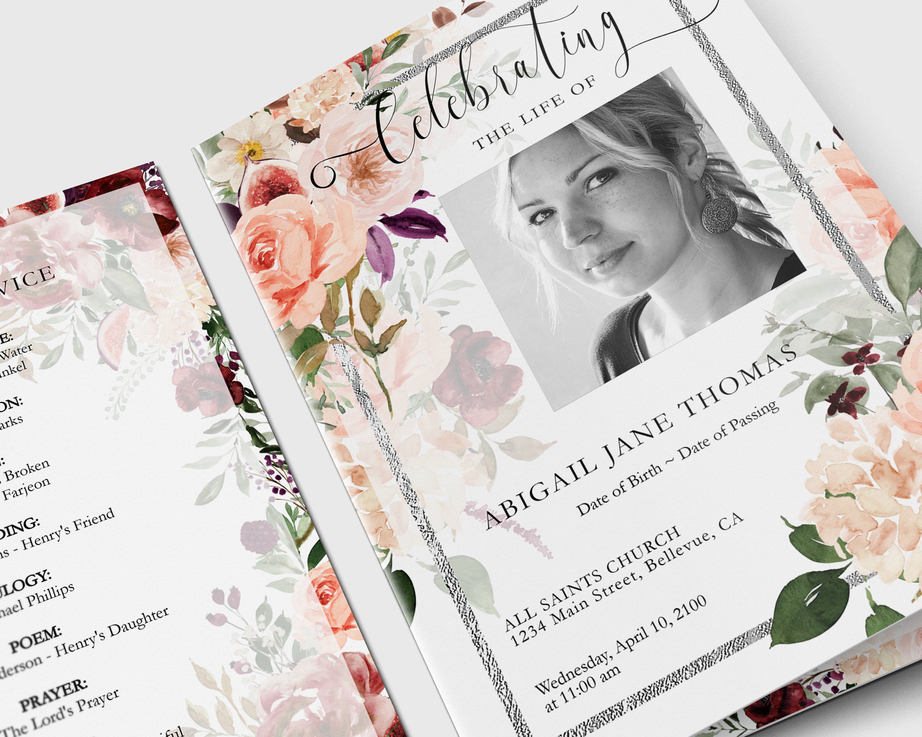 Floral Funeral Program Template EDITABLE Printable Memorial - Etsy