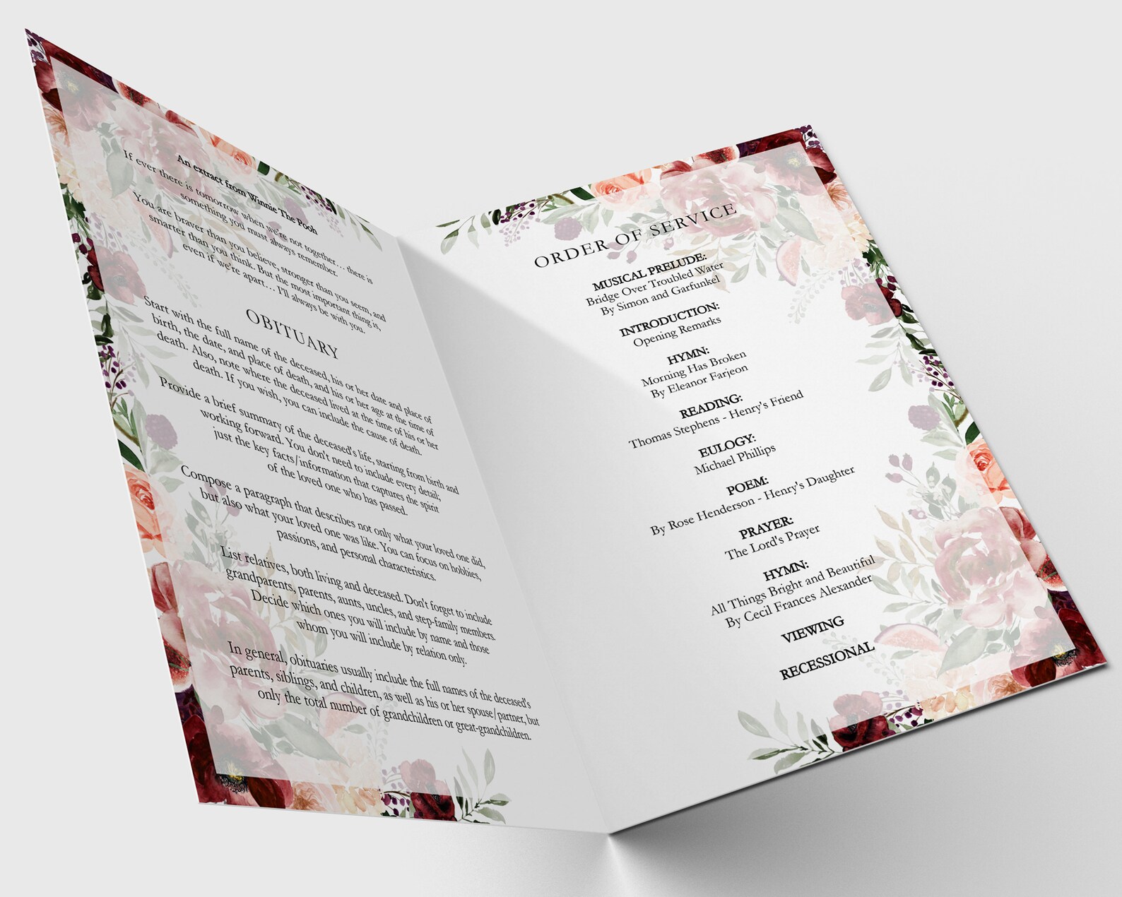 Floral Funeral Program Template EDITABLE Printable Memorial - Etsy