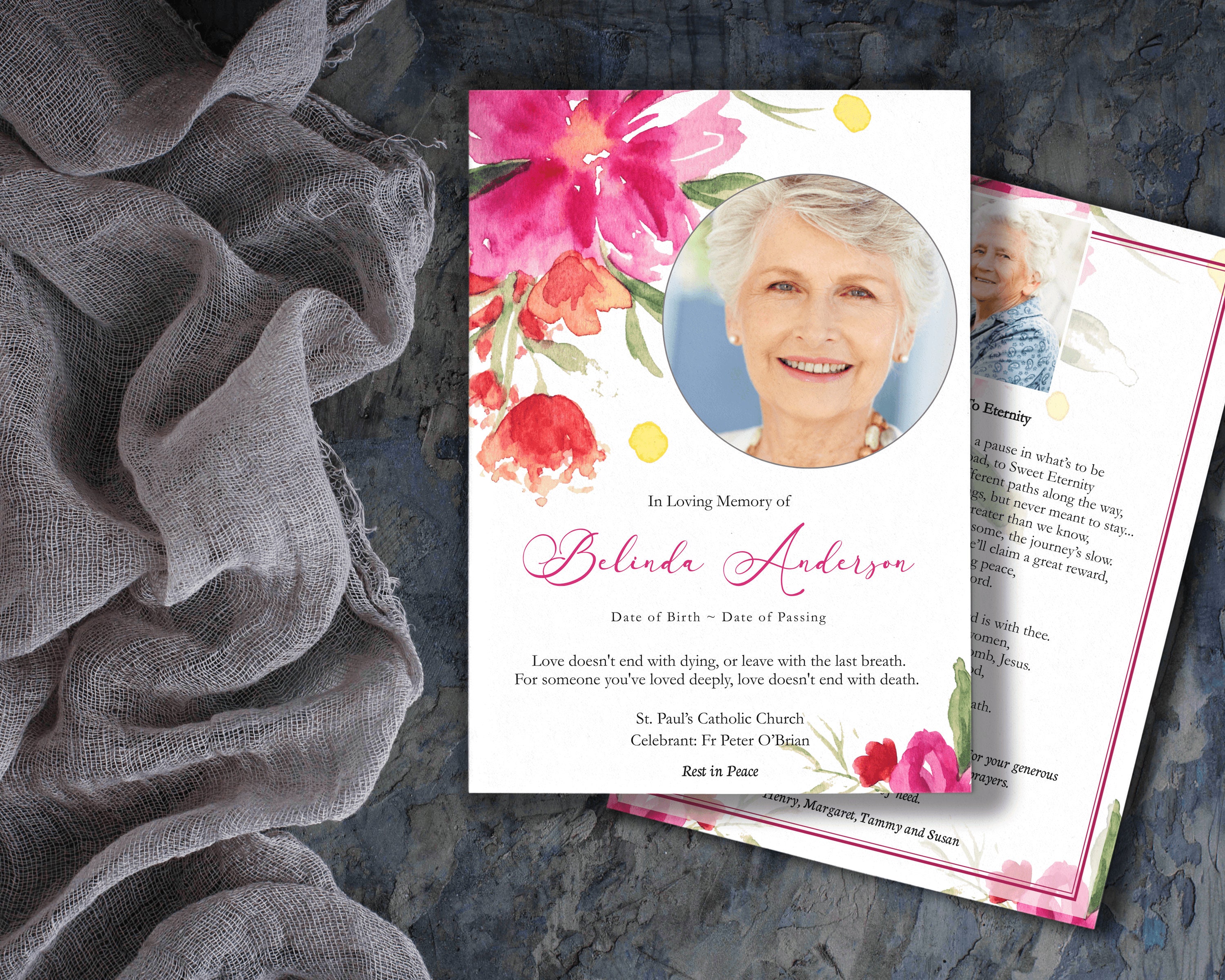 Funeral Program Template for Woman, Pink Blush Roses, Floral Memorial ...