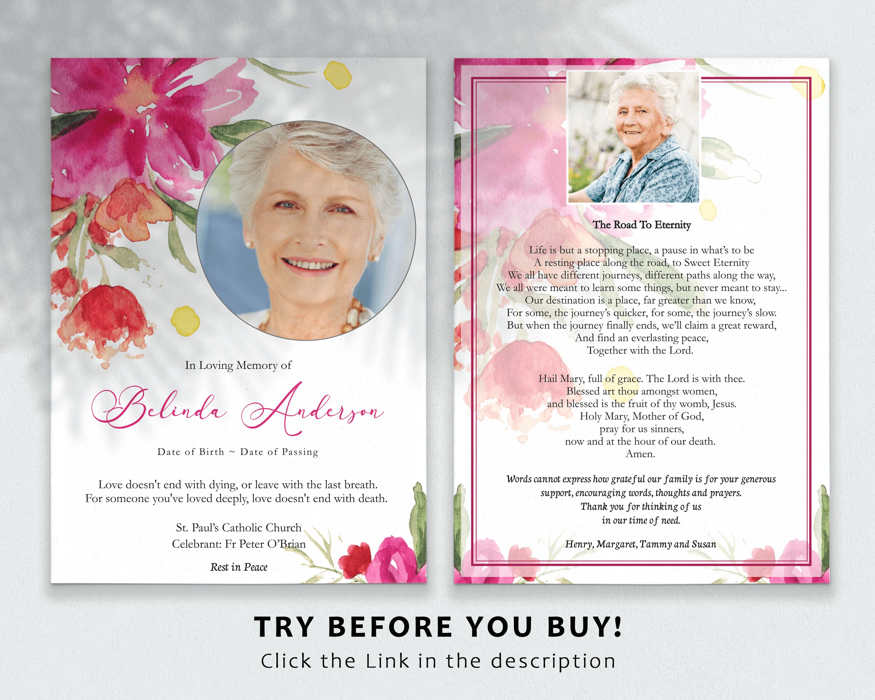 Funeral Program Template for Woman, Pink Blush Roses, Floral Memorial ...