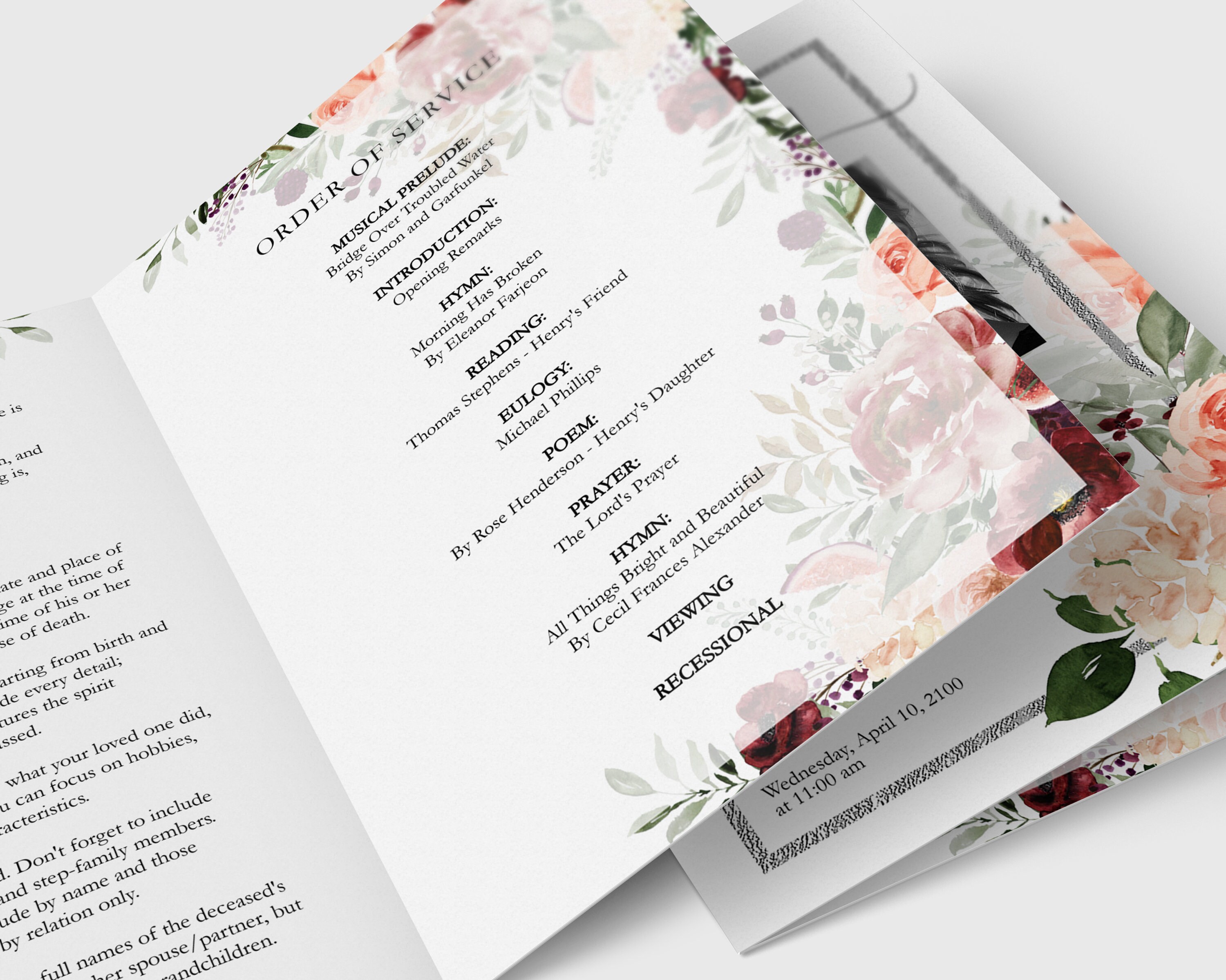 Floral Funeral Program Template EDITABLE Printable Memorial - Etsy