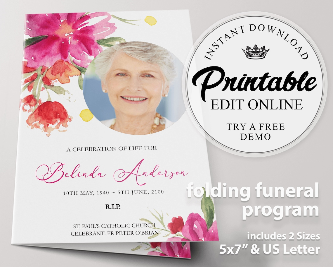 Editable Funeral Program Template With Watercolor Floral - Etsy Australia