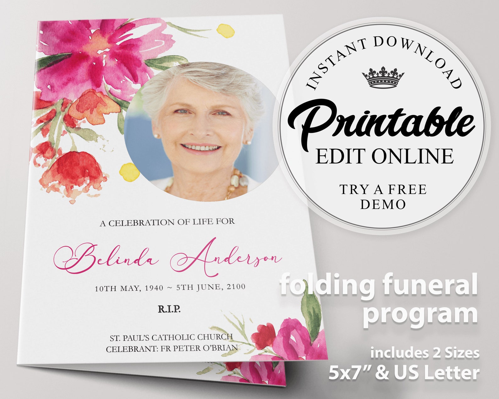Editable Funeral Program Template With Watercolor Floral - Etsy Australia